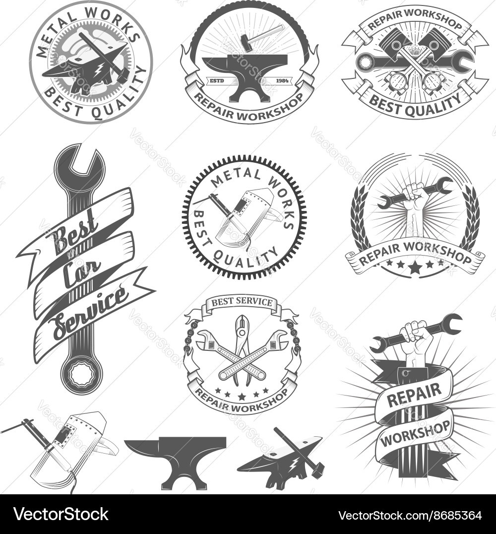 Set of repair workshop labels and emblems Vector Image