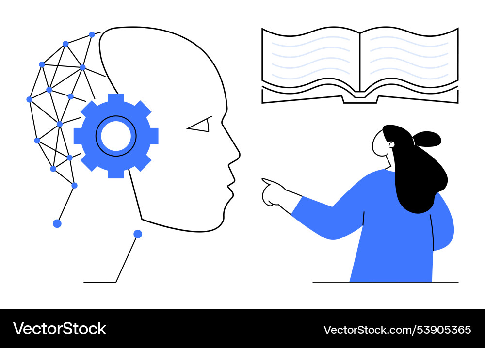 Human and ai interaction with a book Royalty Free Vector