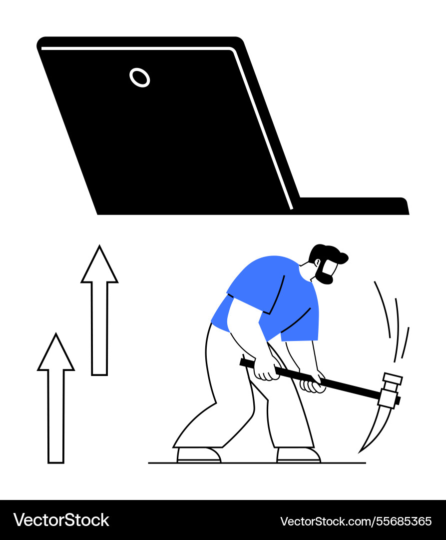 Person breaking ground with pickaxe below laptop Vector Image