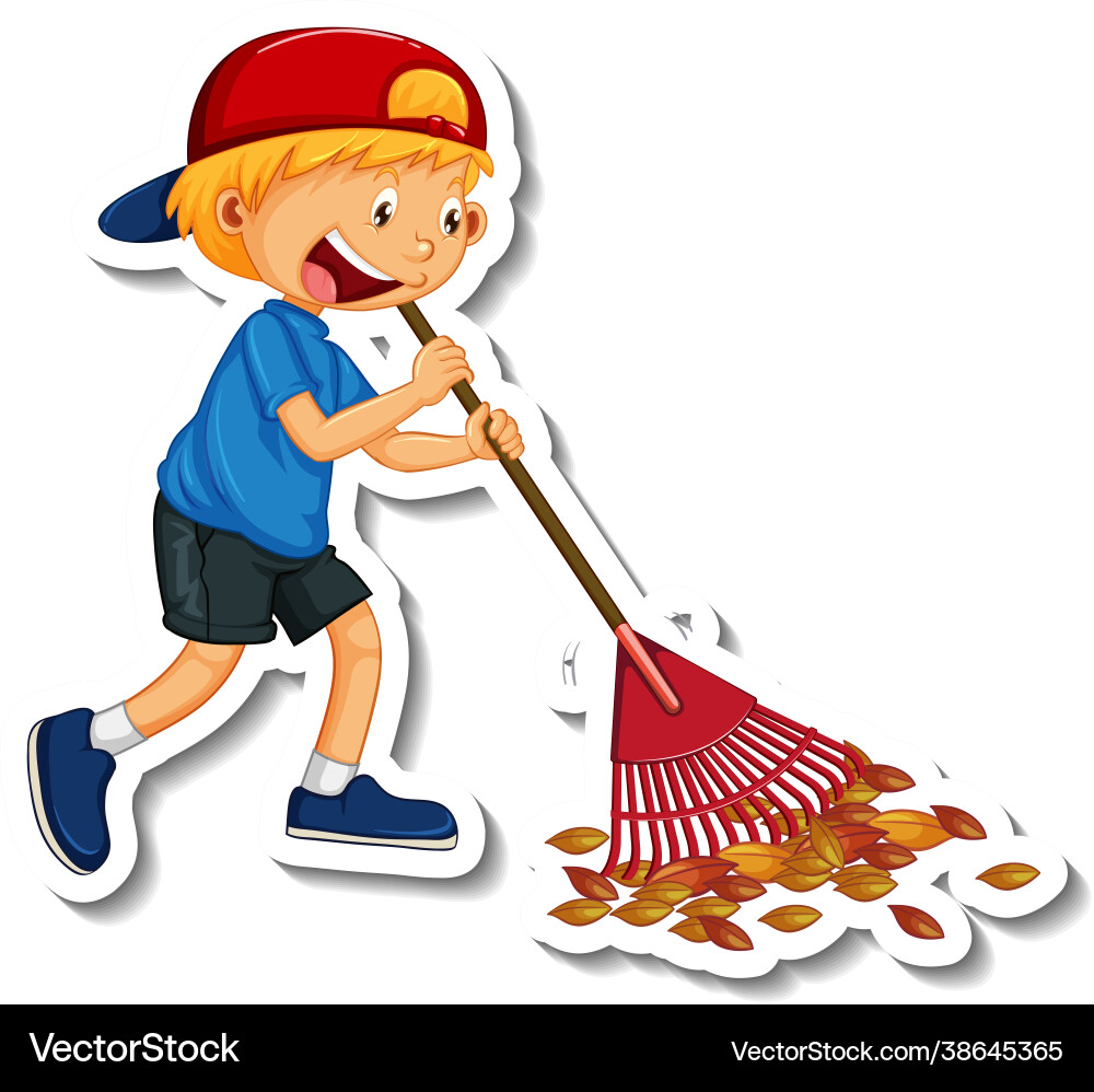 Sticker template with a boy cleaning cartoon Vector Image