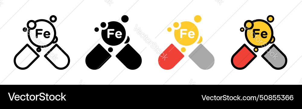 Iron capsule icon set fe vitamin and nutrient Vector Image
