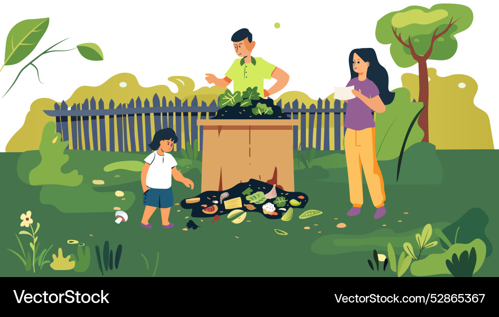 Family composting in backyard garden Royalty Free Vector