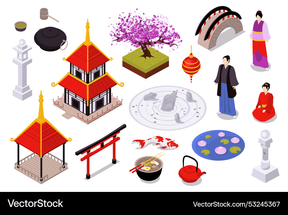 Japan culture 3d isometric mega set in isometry Vector Image