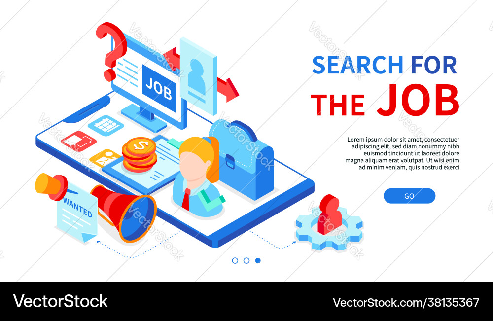 Search for job - colorful isometric web banner Vector Image