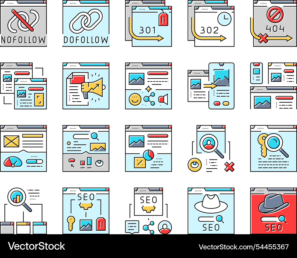 Seo technical audit icons set Royalty Free Vector Image
