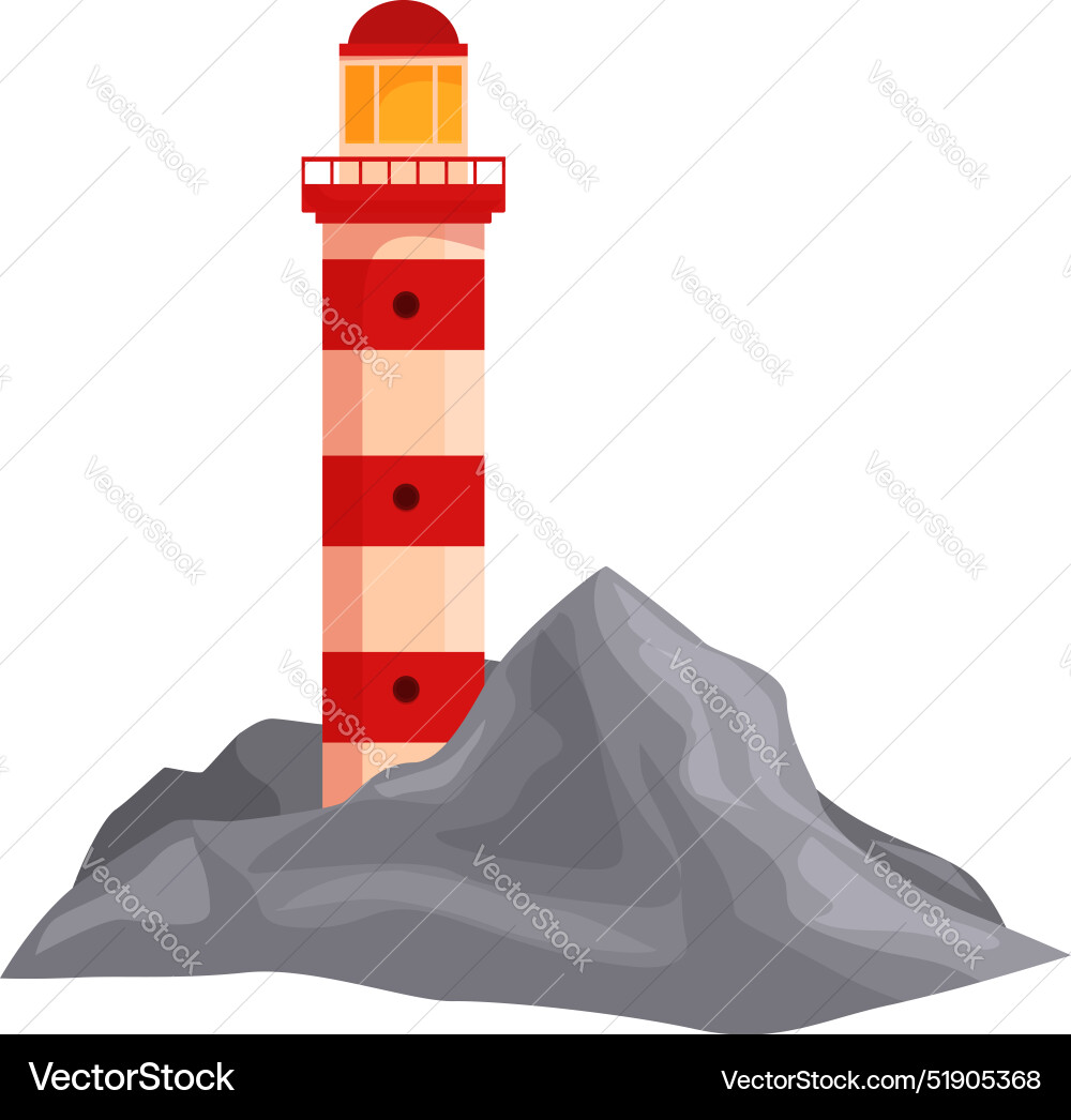 Red and white lighthouse standing on rocky coast Vector Image