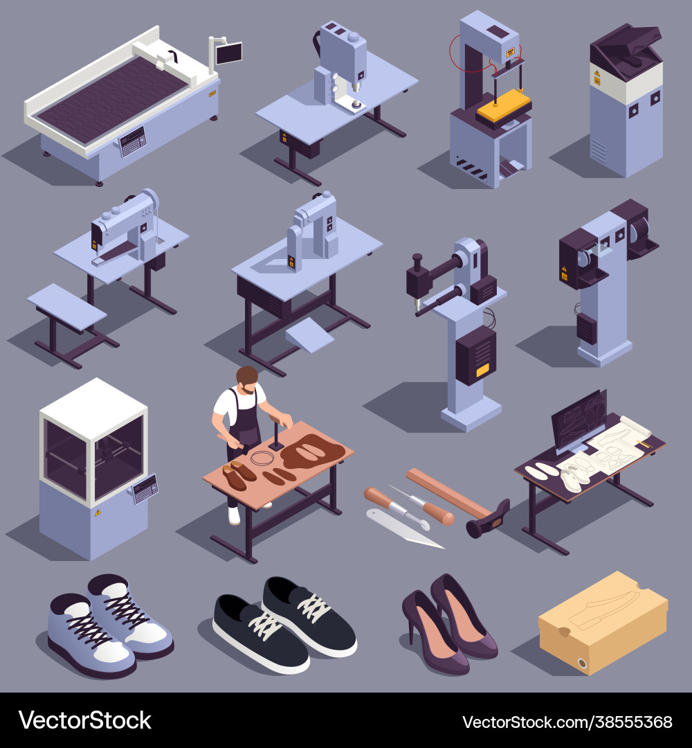 Shoes production icons set Royalty Free Vector Image