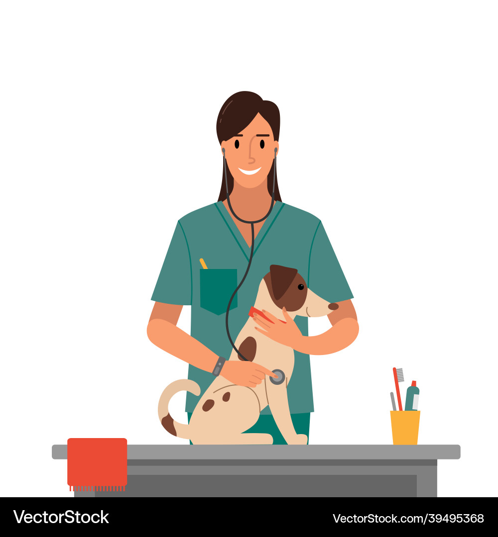 Veterinarian with dog on white background Vector Image