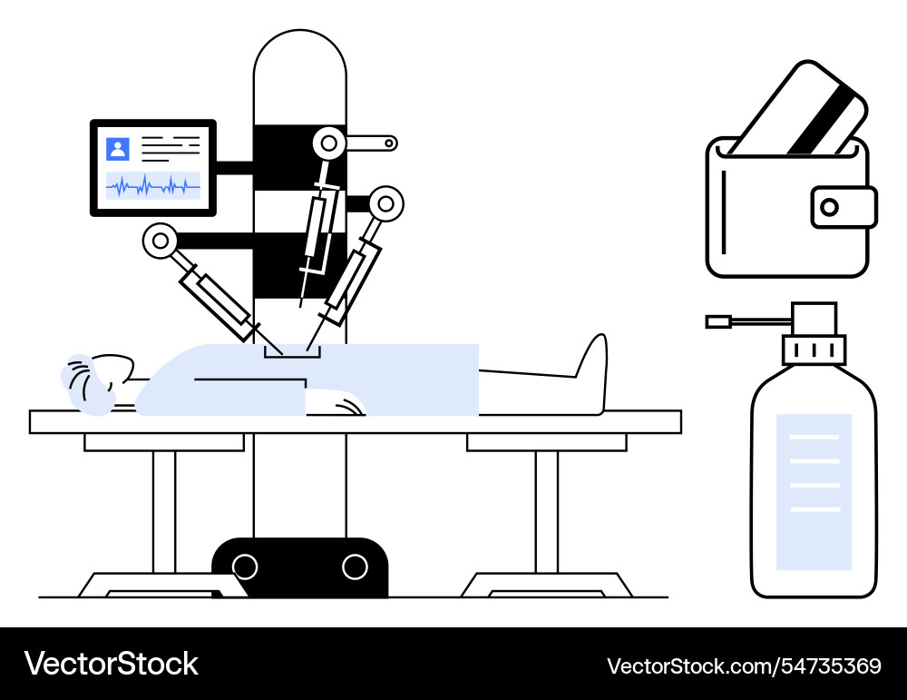 Robotic surgery operation with patient on table Vector Image