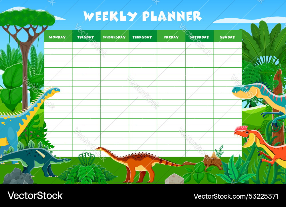 Weekly planner schedule with prehistoric dinosaurs