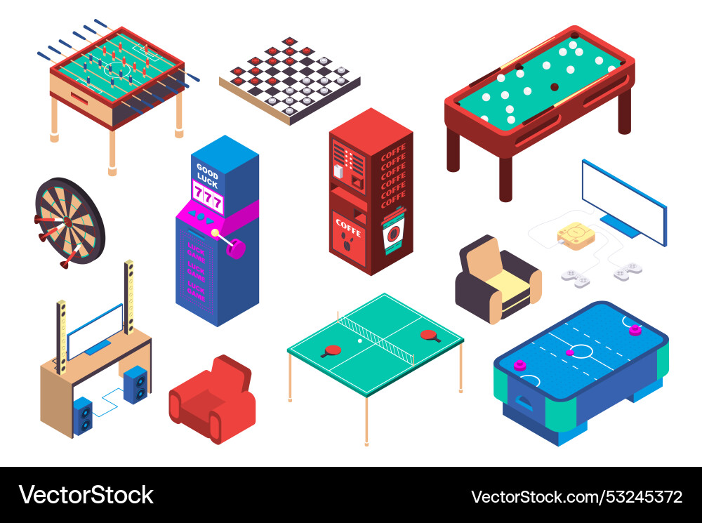 Recreation room 3d isometric mega set in isometry Vector Image