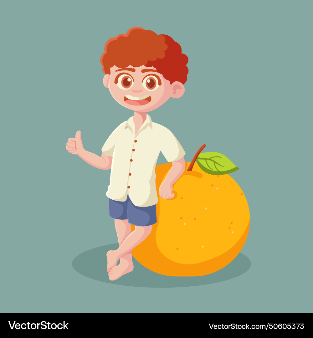 Cartoon child with giant orange Royalty Free Vector Image