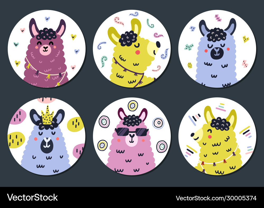 Circle shape stickers set with cute llama for kids