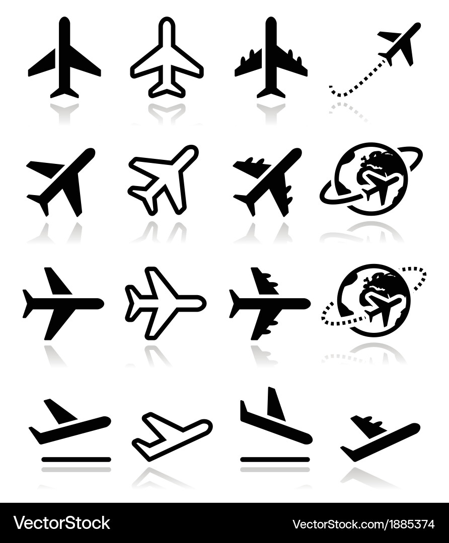 Plane flight airport icons set Royalty Free Vector Image