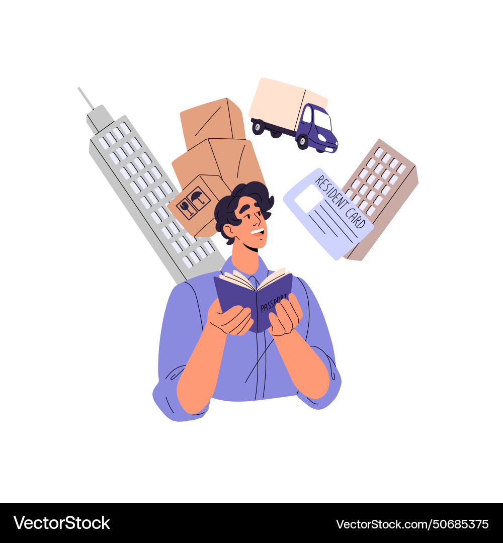 Happy migrant holds passport dreaming about Vector Image