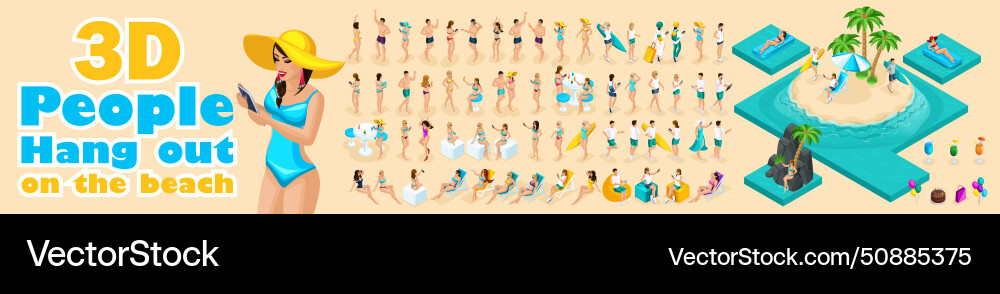 Large set of isometric 3d people on vacation Vector Image