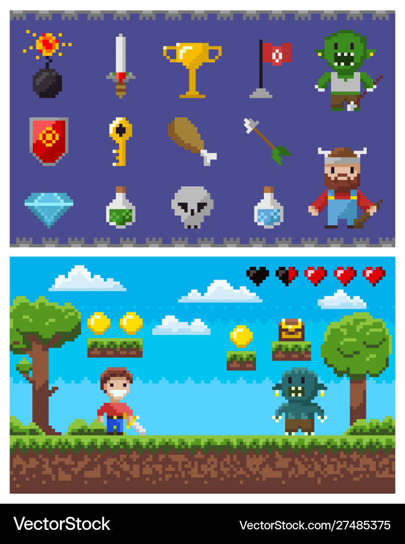 Pixel game elements and icons landscape with hero Vector Image