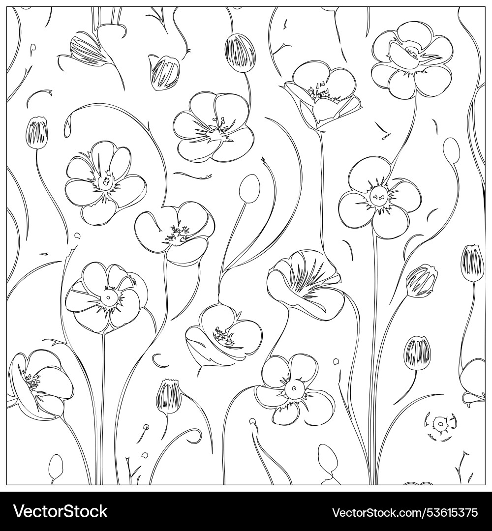 Poppy flower pattern outline sketch Royalty Free Vector