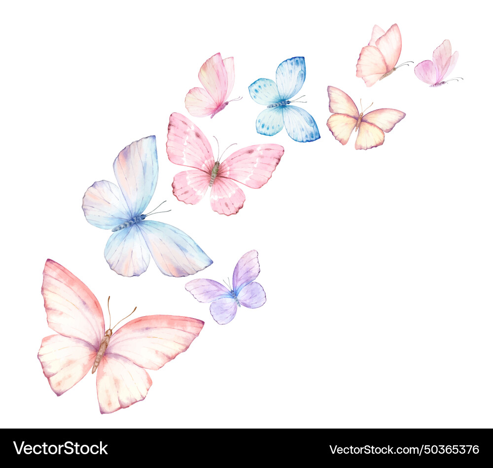 Pink blue flying watercolor butterflies Royalty Free Vector