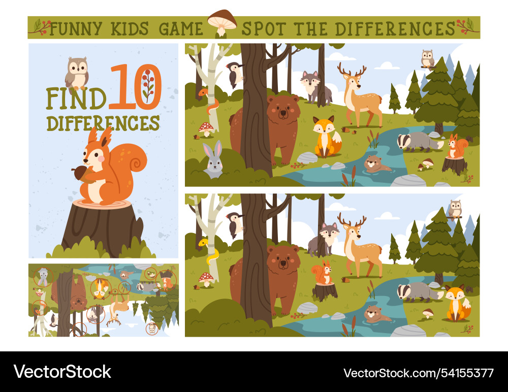 Find differences game kids with forest Royalty Free Vector
