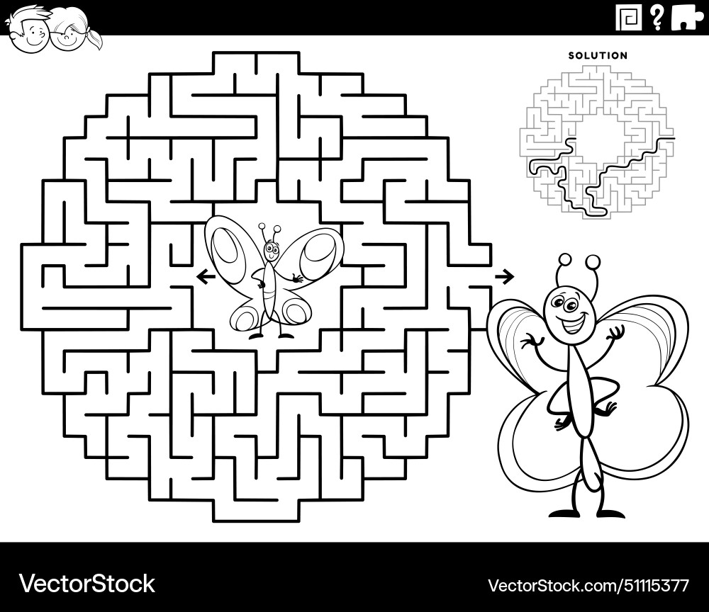 Maze game with cartoon butterflies coloring page Vector Image