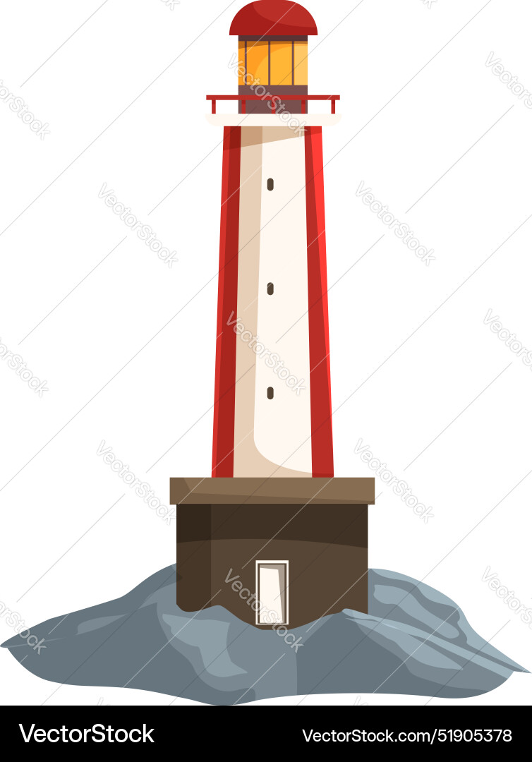 Classic red and white lighthouse standing on rocky