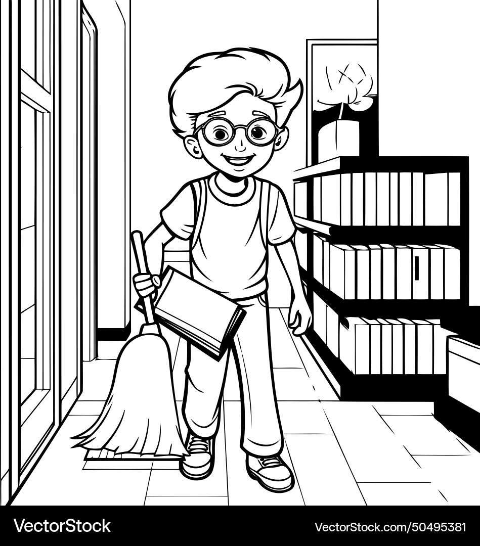 Boy sweeping the floor in house black Royalty Free Vector