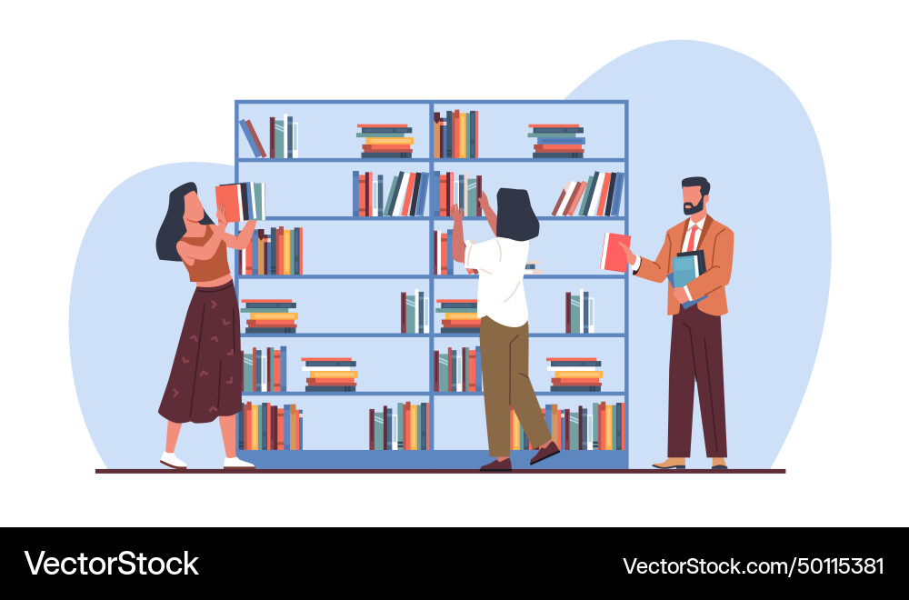 Library staff put books on shelves men Royalty Free Vector