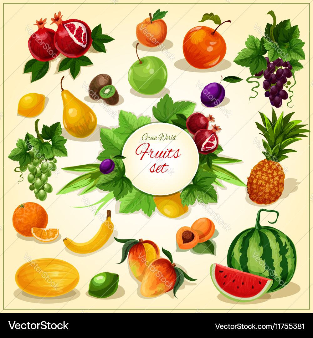 Ripe fruit with leaves cartoon poster Royalty Free Vector