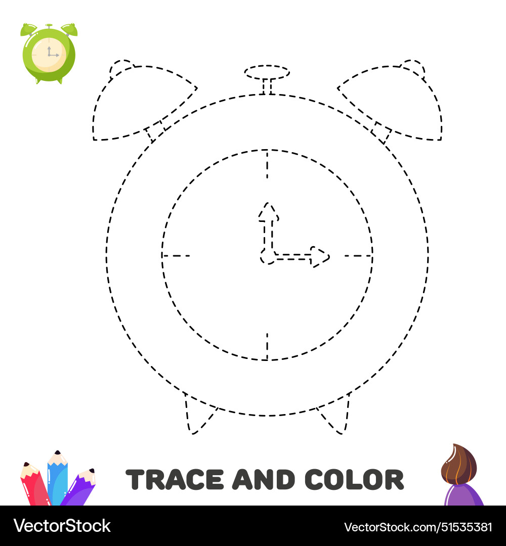 Trace and color alarm clock educational worksheet Vector Image