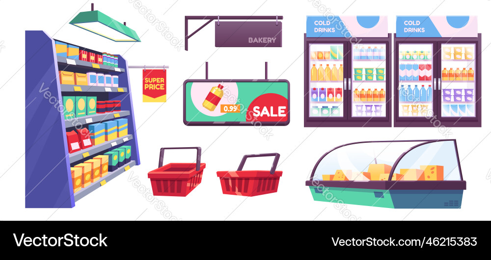 Isolated grocery store fridge cartoon set Vector Image