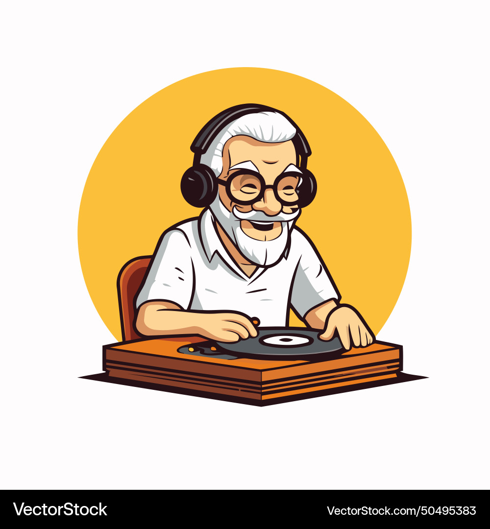 Old man playing turntable retro style Royalty Free Vector