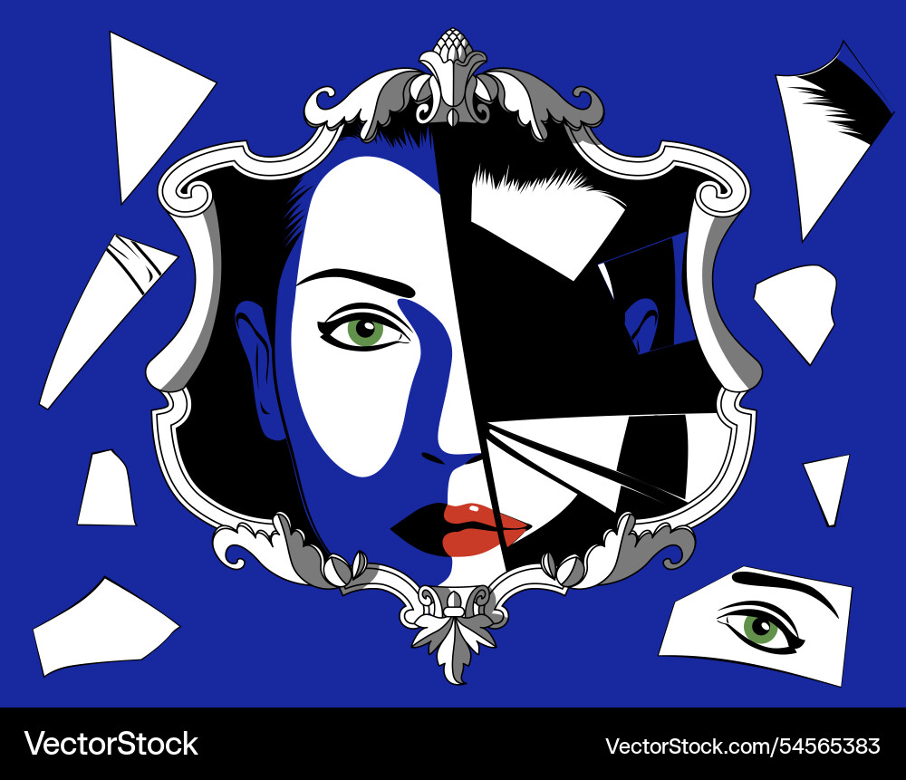 Shattere retro mirror with a woman face reflection