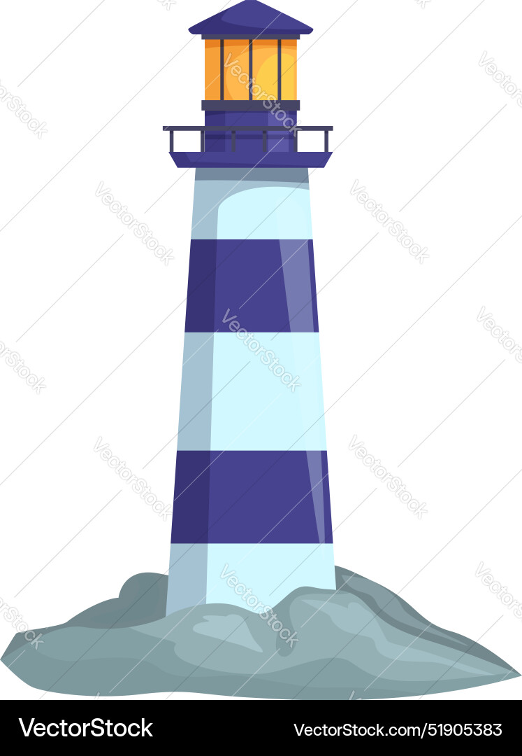 Tall blue and white lighthouse standing on rocks Vector Image