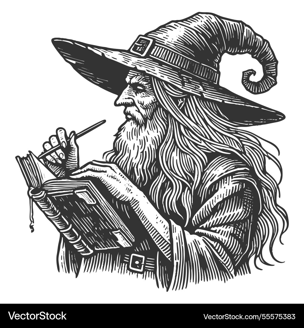 Wizard writing in a magic book engraving Vector Image