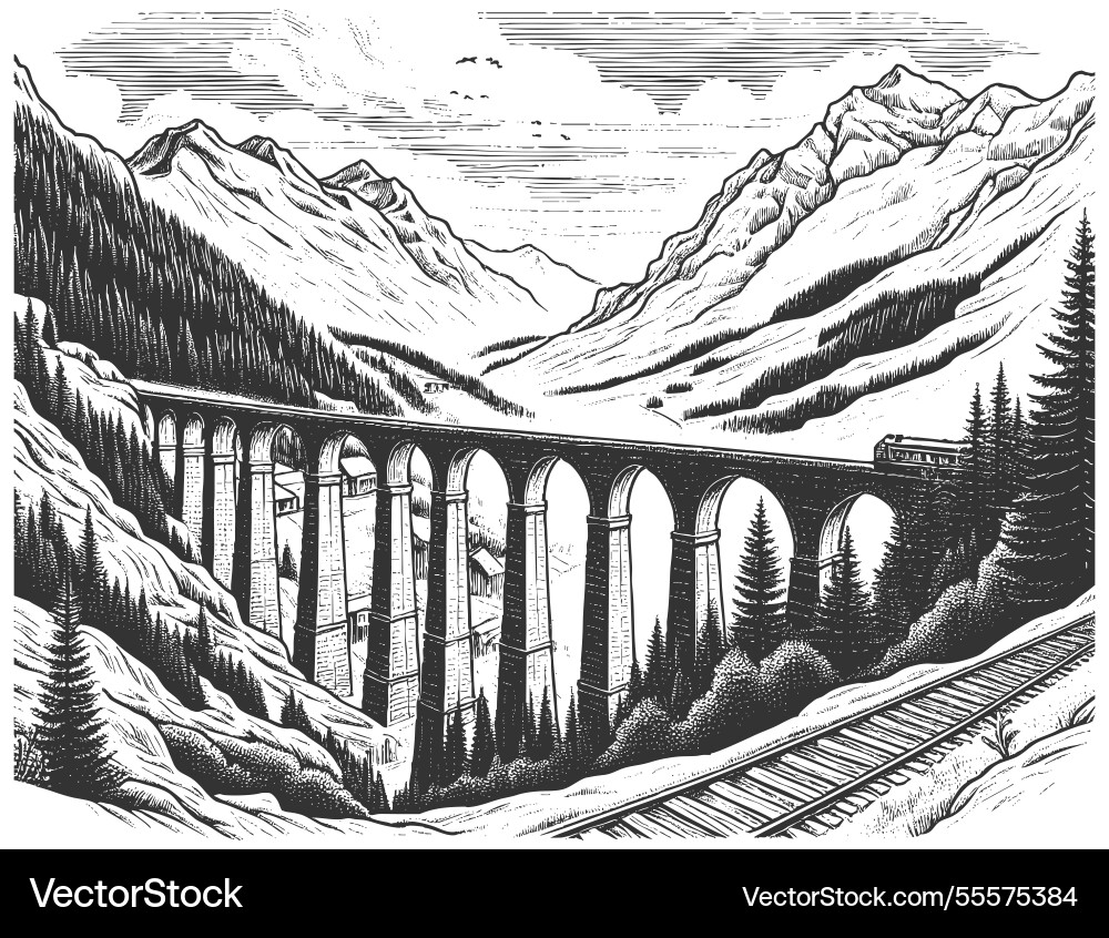 Mountain railway viaduct engraving Royalty Free Vector Image