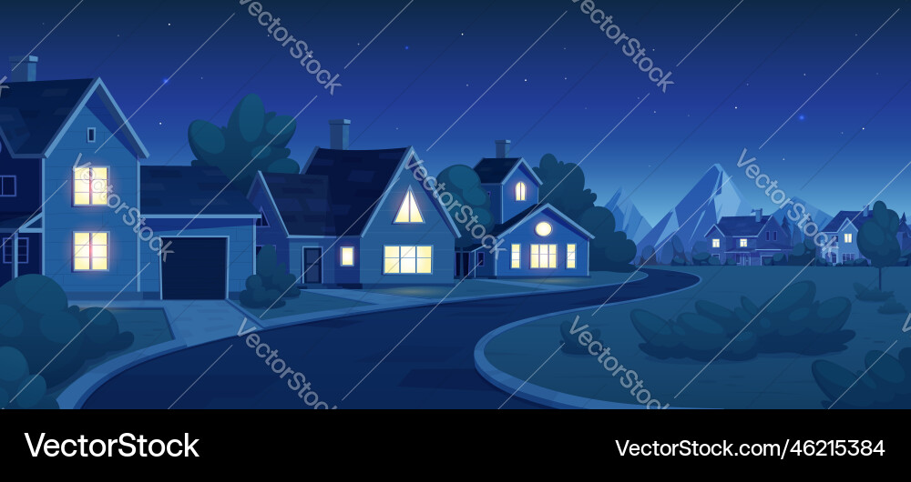 Night empty suburban street with house landscape Vector Image