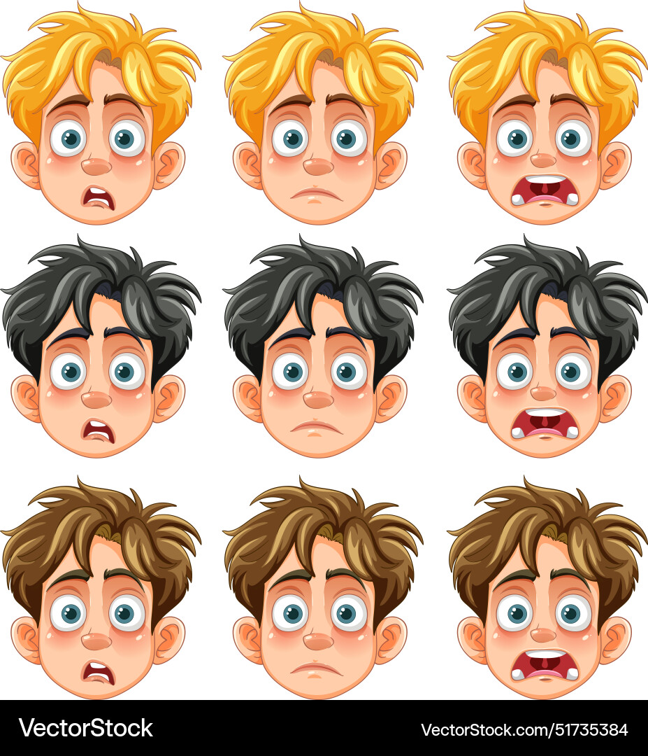Nine cartoon faces showing various emotions Vector Image