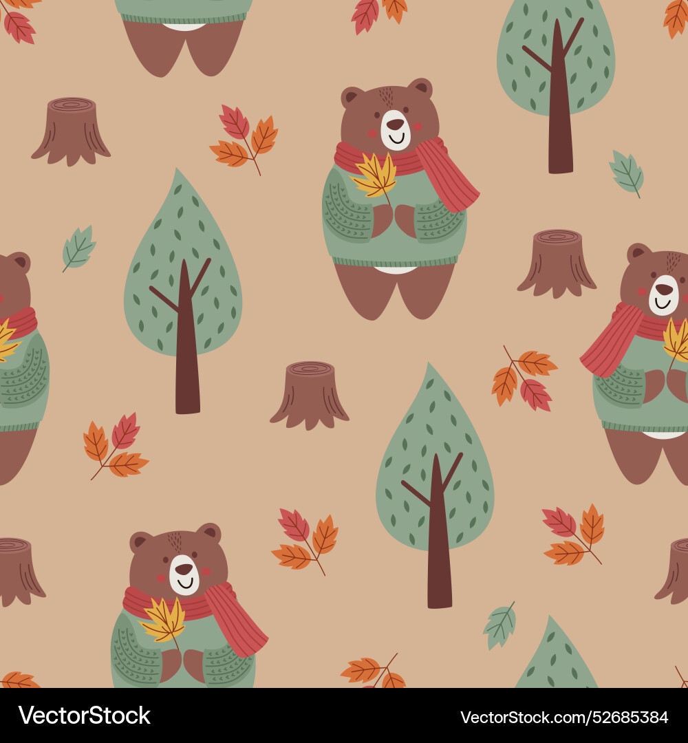 Seamless pattern with cute autumn bear and tree Vector Image