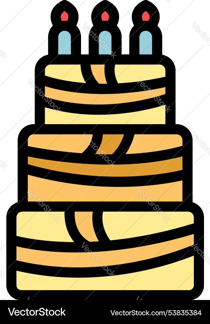 Three tier birthday cake with burning candles icon