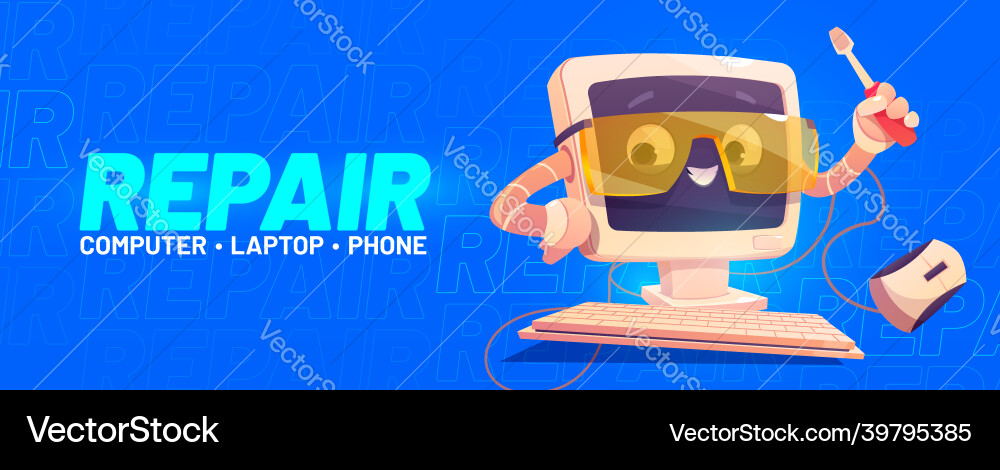 Repair service banner with computer character Vector Image