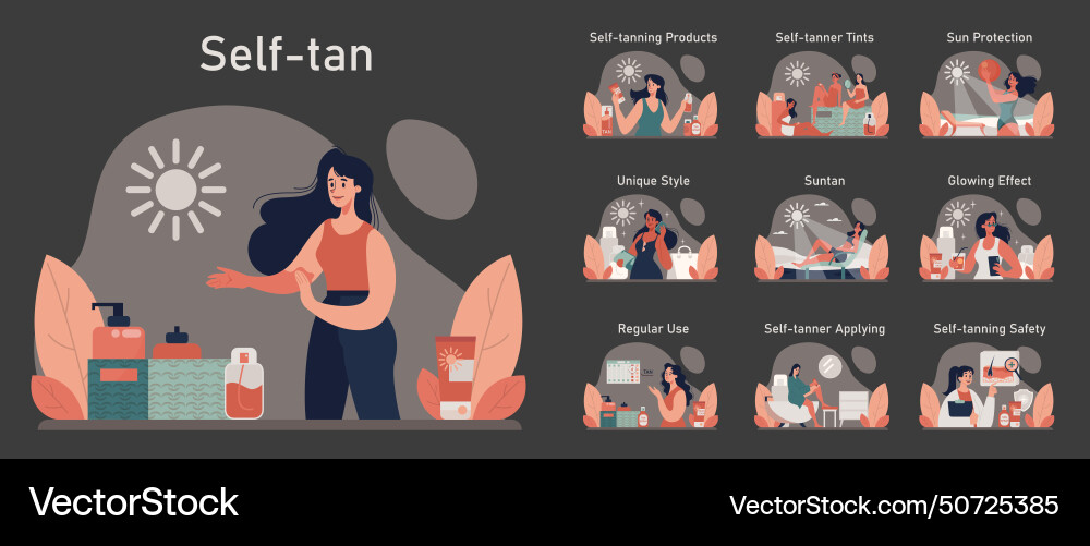 Self-tan dark or night mode set beautiful woman Vector Image