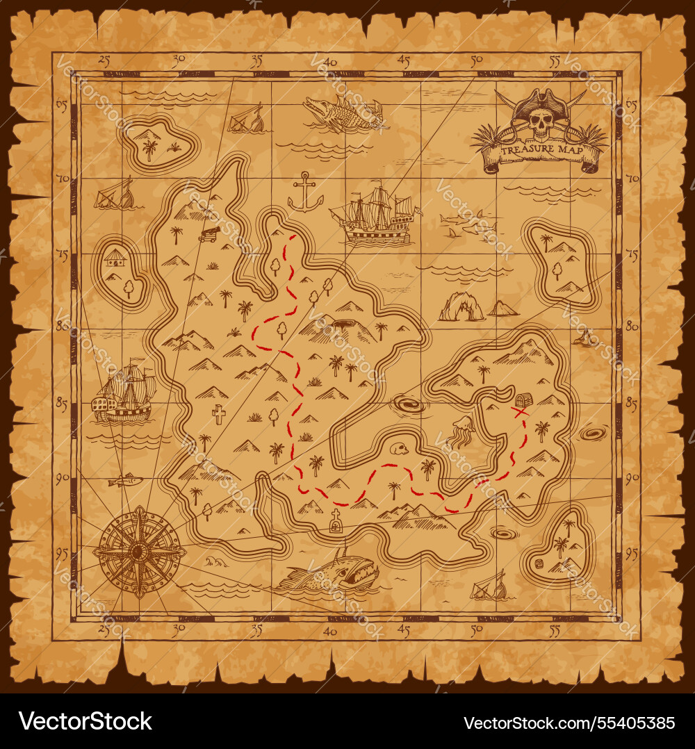 Vintage pirate treasure map worn parchment Vector Image