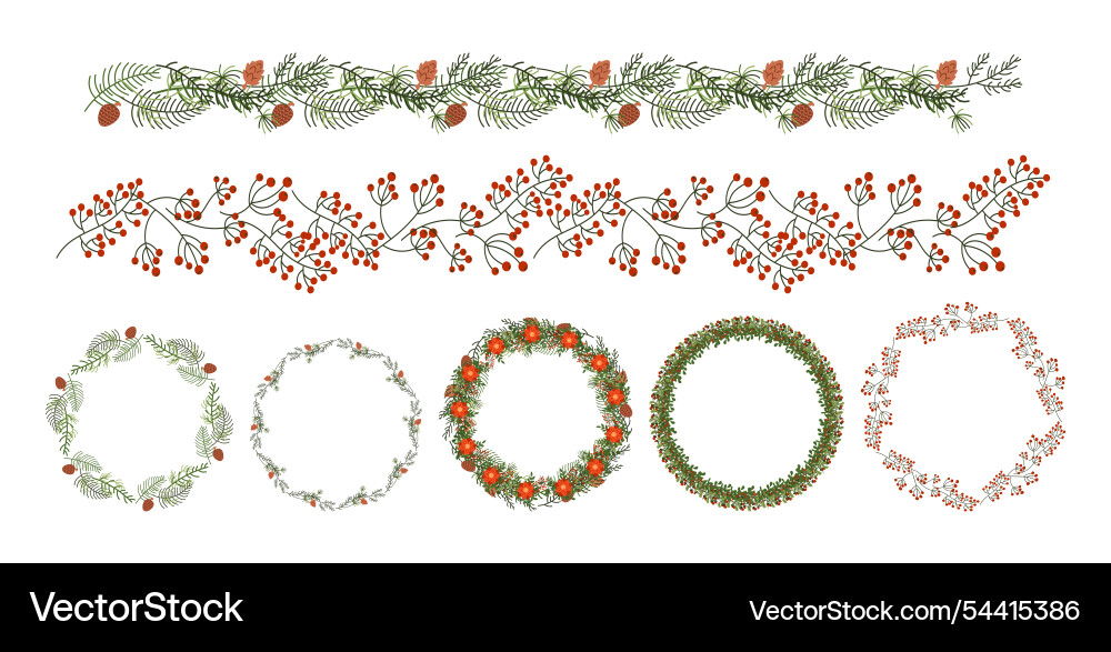 Christmas floral garlands and wreaths flat objects