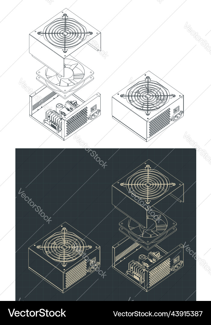 Disassembled psu isometric blueprints Royalty Free Vector