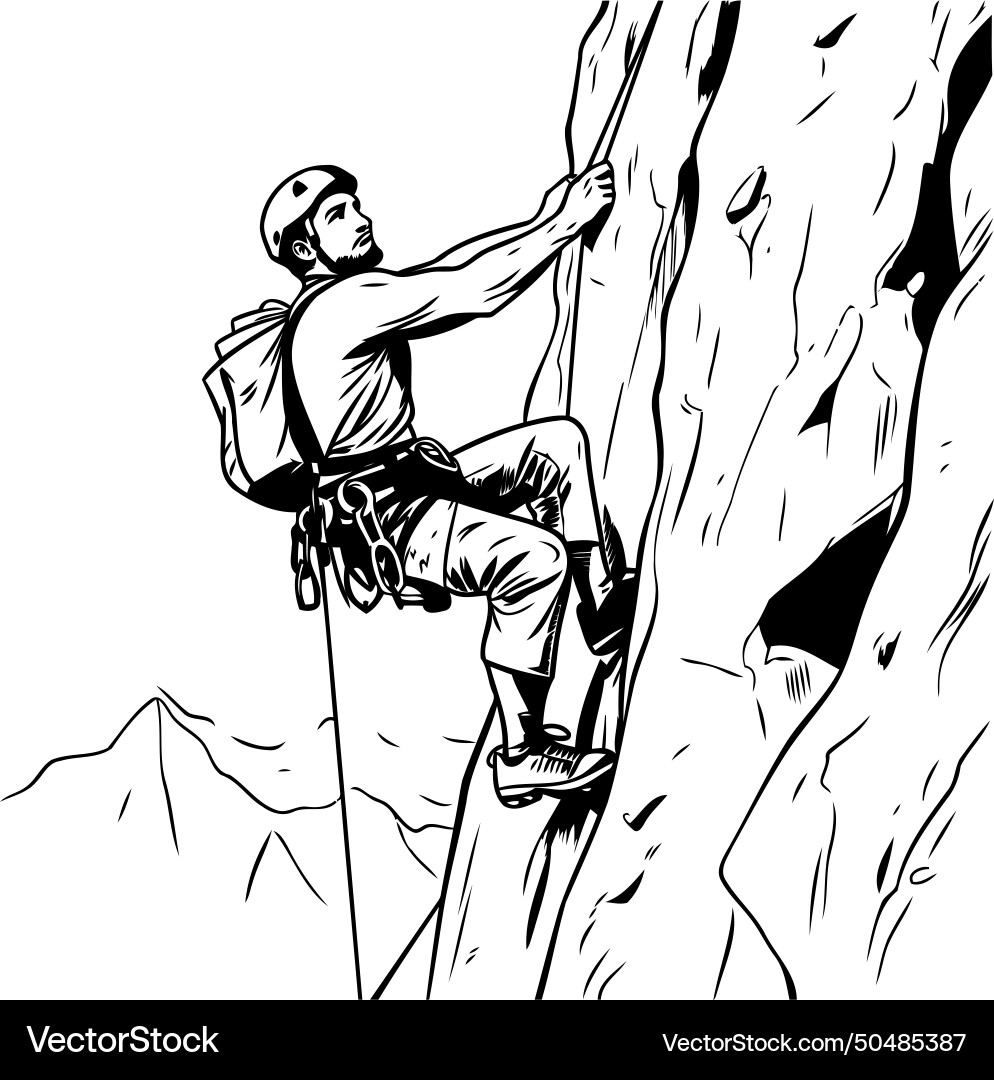 Man climbing on a cliff black and white hand Vector Image
