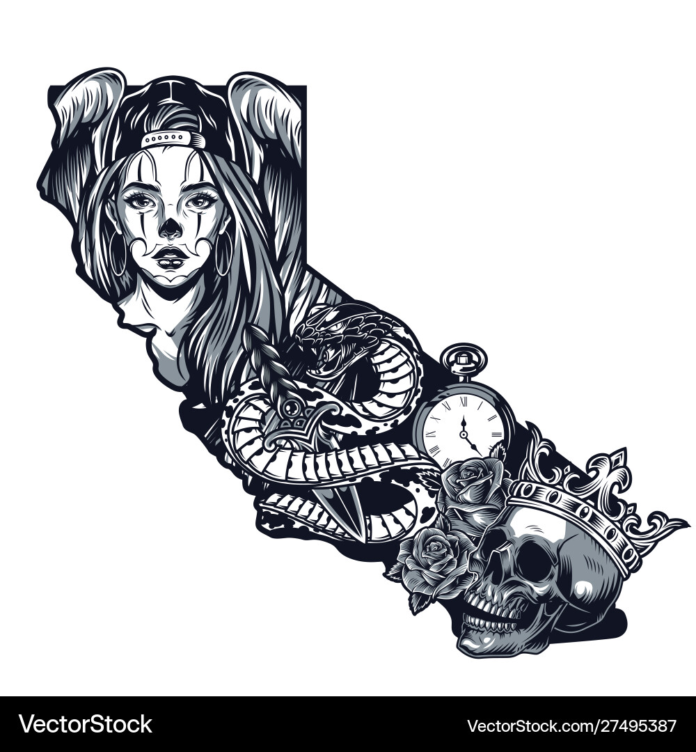 Vintage monochrome chicano tattoo template Vector Image