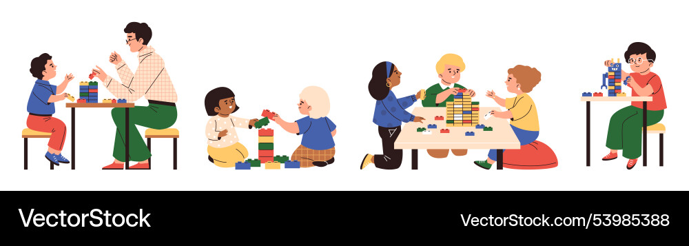 Happy children play with lego construction blocks Vector Image