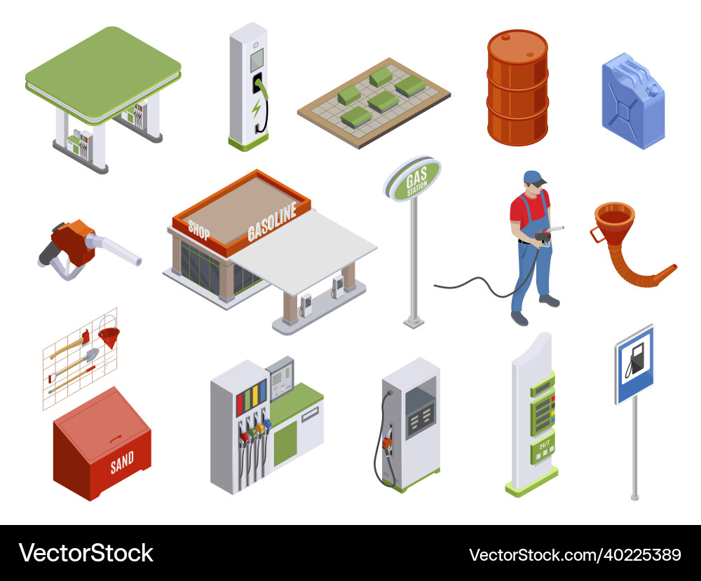 Gas station isometric set Royalty Free Vector Image