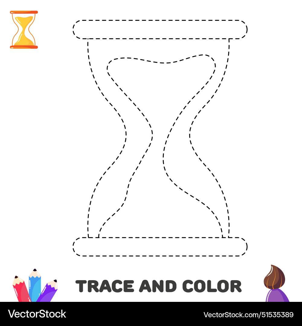 Trace and color sand clock educational worksheet Vector Image